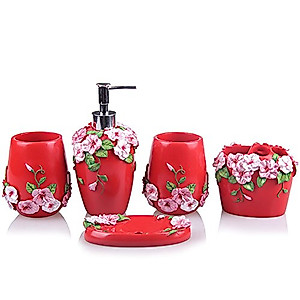 5-Piece Resin Bathroom Accessory Set with Soap Dish, Dispenser, Toothbrush Holder and Tumbler, Red