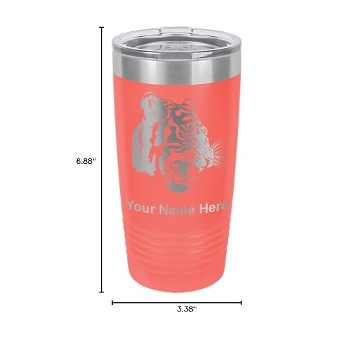LaserGram 20oz Vacuum Insulated Tumbler Mug, Tiger Head, Personalized Engraving Included (Coral)