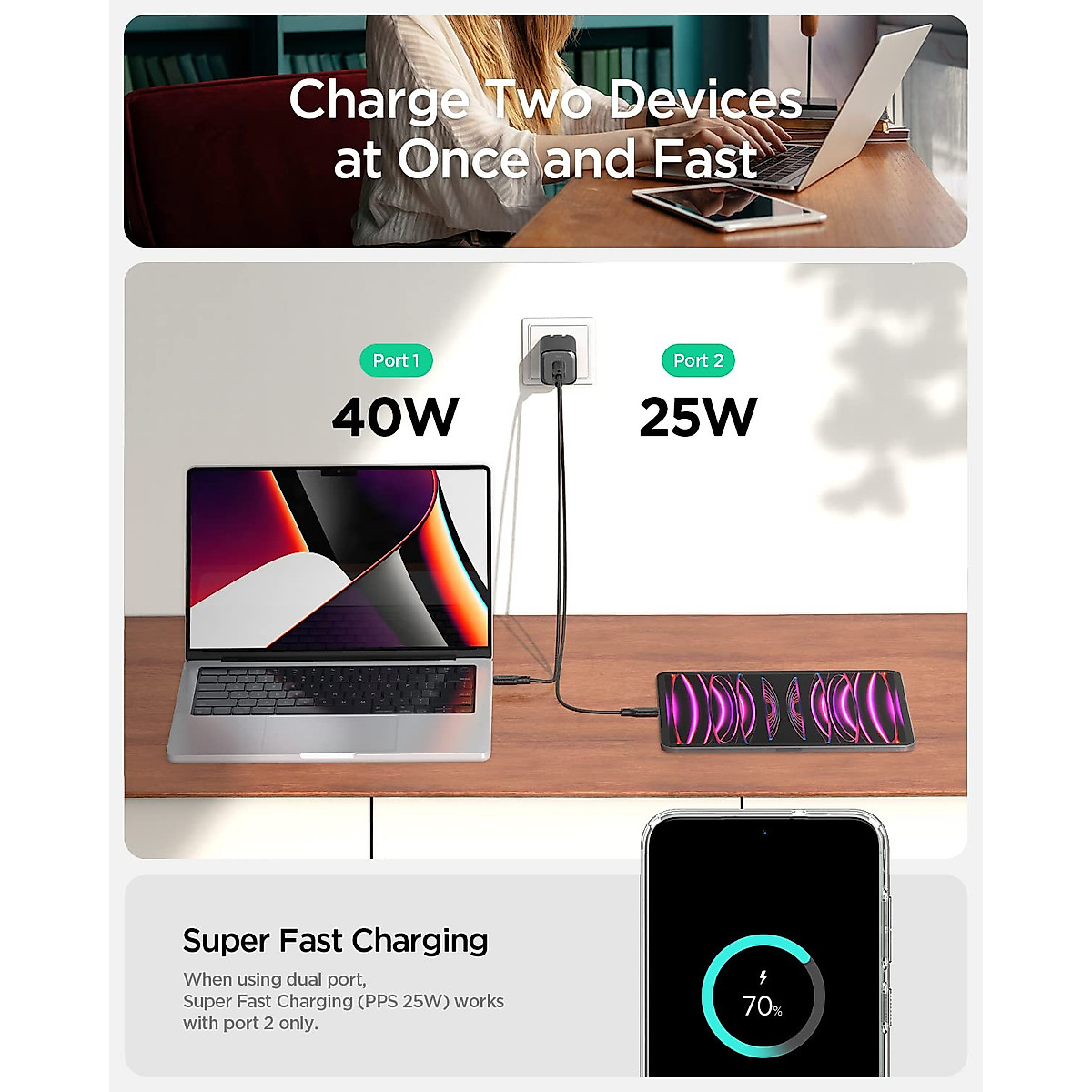 Spigen GaN III 652 65W 2 Ports Compact Foldable Dual USB C Wall Charger PD PPS Fast Charging Block Adapter for iPhone 15 Pro Max 14 13 iPad MacBook Air Vision Samsung Galaxy S24 Ultra Plus steam Deck