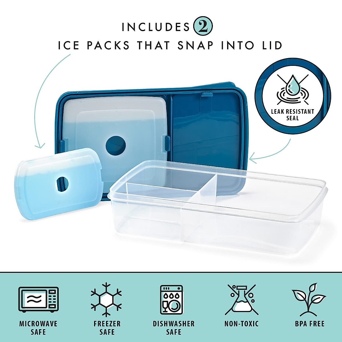 LOTG by Fit + Fresh Bento Box Kit, Three-Compartment Lunch Container Includes 2 Slim Ice Packs, Reusable & Leak-Resistant, Perfect for Insulated Lunch Bag, Lunch Box & More, Navy