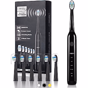 Electric Toothbrush Sonicare with 6 Brush Heads, Toothbrush for Adults and Kids, 30000 VPM, Deep Clean 5 Modes with 2 Minutes Timer, Tongue Coating Brush, One Charge for 70 Days (009 Black)