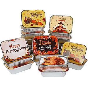 MorTime 40 Pcs Thanksgiving Foil Pans with Lids, Disposable Foil Food Containers with Harvest Themed Cardboard Covers, Aluminum Foil Baking Pan Cake Pans for Cooking, Heating, Roasting