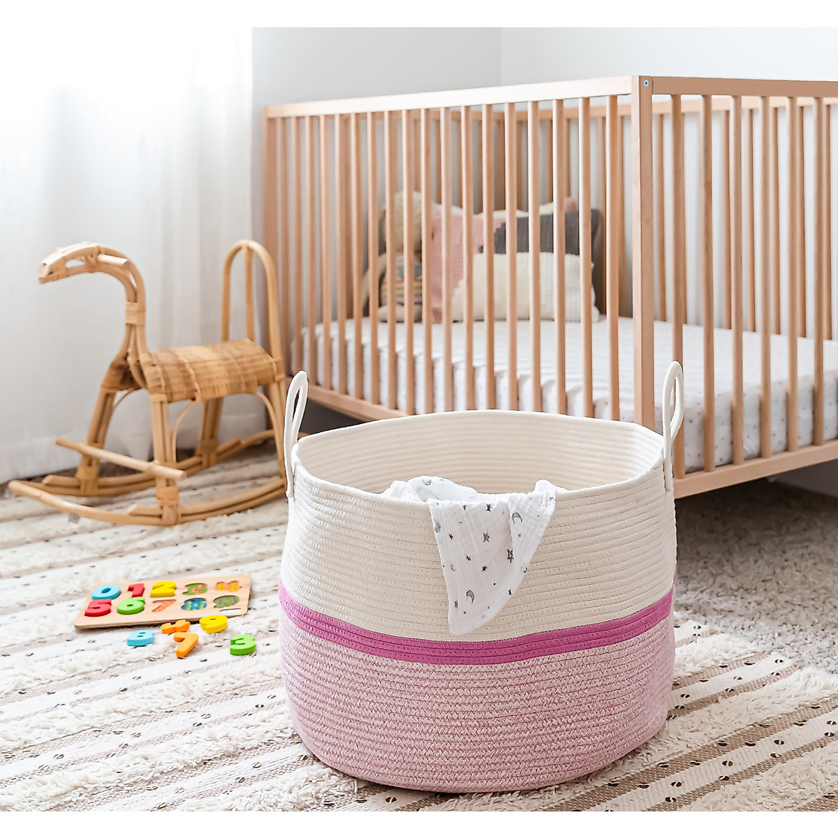 OrganiHaus Baby Laundry Basket 20x13, Large Cotton Rope Basket, Large Blanket Basket Living Room, Large Woven Basket, Extra Large Basket for Blankets Living Room, Pink Woven Laundry Basket