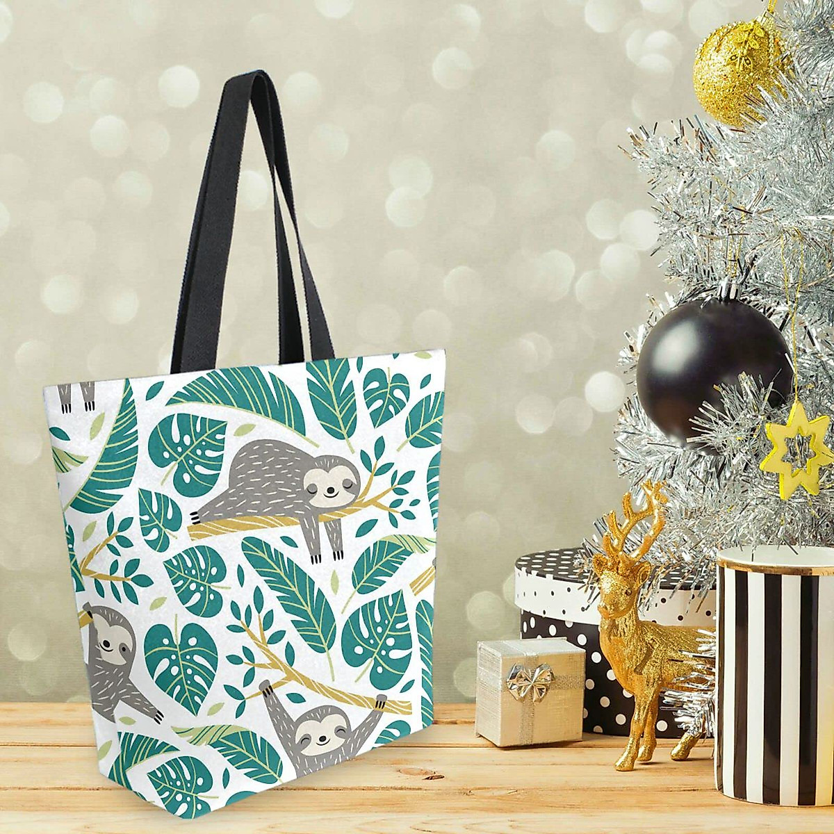 SUABO Cute Sloth Canvas Tote Bag Large Women Reusable Shopping Grocery Bag, Casual Shoulder Bag Handbag for Christmas Mom's Gift