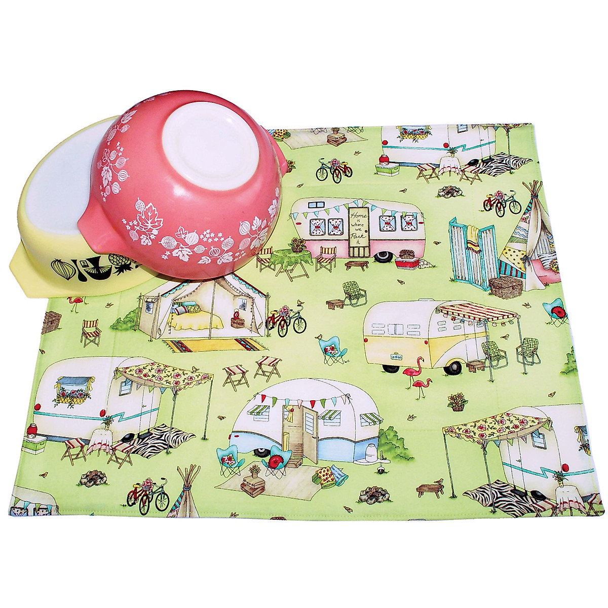 Camping Scenes on Green Coffee Station Mat - Dish Drying Mat - Pet Placemat - Appliance Mat - Camper Mat - 16 x 20 Inches - Handmade by Green Acorn Kitchen