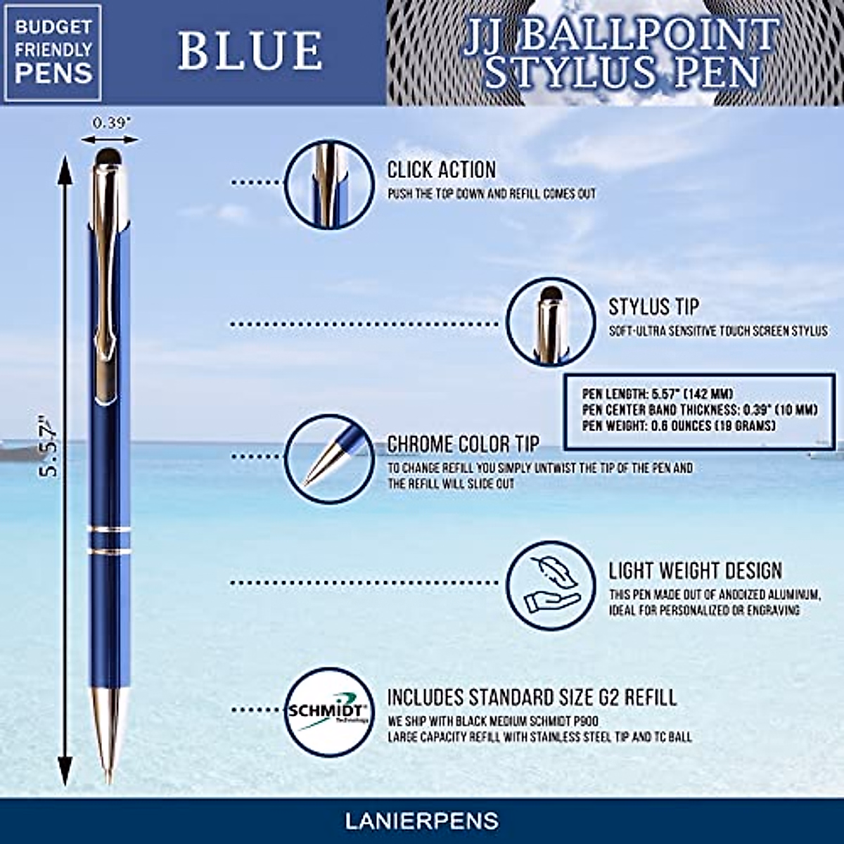 Blue JJ Ballpoint Pen with Stylus - Black Ink Refill, Medium Tip Point