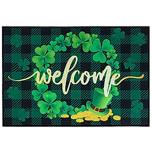 Whaline St. Patrick's Day Doormat Lucky Shamrock Welcome Floor Mat Green Black Buffalo Plaids Felt Front Door Rug for Irish Holiday Spring Indoor Outdoor Kitchen Bedroom, 23.6 x 15.7 Inch