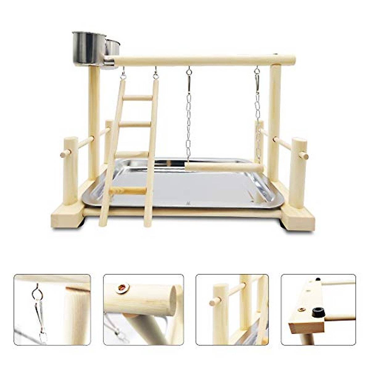 Bird Perch Parrot playstand Wood Perch Gym Cockatiel Swing Ladder with Feeder Cups Toys 14.1in×9.8in×9in