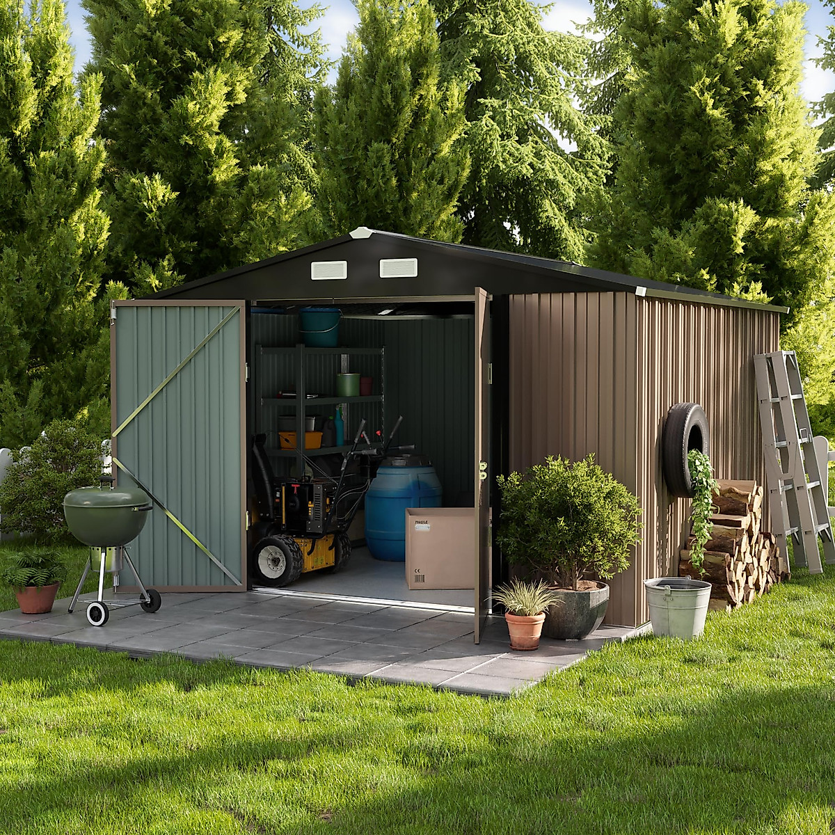 Outdoor Storage Shed, Amopatio Heavy Duty Galvanized Metal Garden Shed Backyard Storage Shed Outside Tool Storage Shed House (10' x 10', Brown)