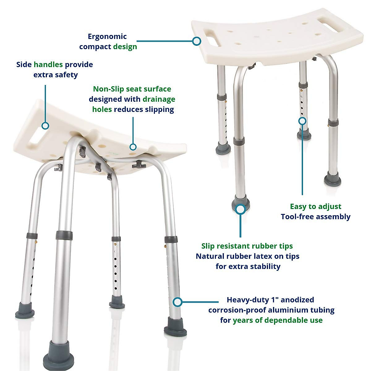 Healthline Trading Bath Bench Adjustable Height, Lightweight Compact and Small Chair for Shower, Adjustable Shower Chair Bath Bench Without Back with Non-Slip Seat, Bathtub Stool for Seniors, White