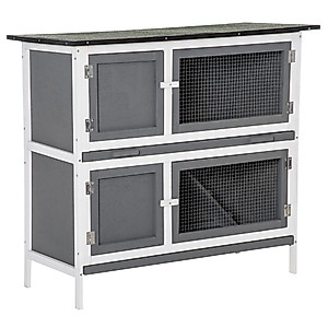 PawHut Wooden Bunny Rabbit Hutch, Small Animal Habitat with Ramp, Removable Tray & Weatherproof Roof, Indoor/Outdoor, Grey
