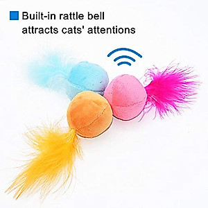 PETFAVORITES Furry Rattle Ball Cat Toy with Feather and Catnip - Interactive Pom Pom Balls for Cats, Soft and Lightweight, 2 Inch, 3 Pack.