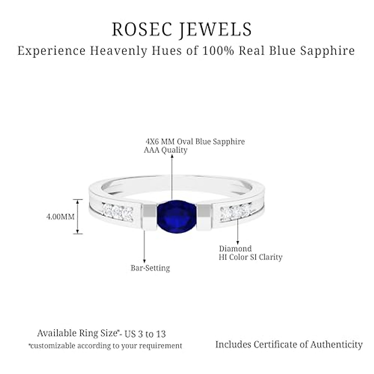 Rosec Jewels Certified Natural Blue Sapphire Solitaire Band Ring for Women, AAA Quality, Sapphire Diamond Band - Ready to Gift, 14K White Gold, Size:US 9.00
