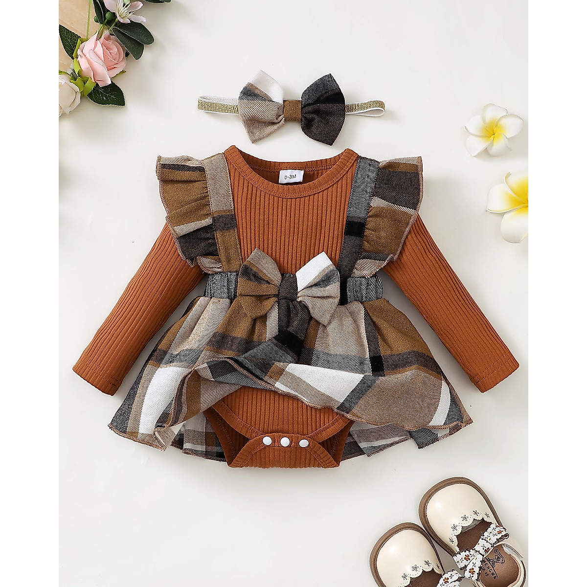 HIGHUZZA Newborn Baby Girl Clothes Infant Outfit Fall Winter Romper Ruffle Long Sleeve Shirt Flower Pant Set Toddler Baby Clothing for Girl 3-6 Month Pink