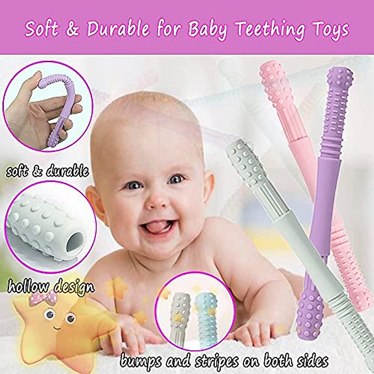 Hollow Teether Tubes, Honboom 5 Packs Soft Silicone Teething Tubes, Baby Soothing Teether Toy, Chew Straw Toy for Babies 0-12 Months with a Cleaning Brush, Dishwasher Safe (6.6in)