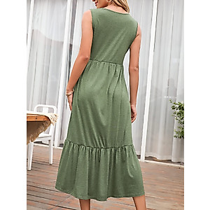 ANRABESS Women Summer Casual Sleeveless Crewneck Sundress Aline Flowy Tiered Maxi Long Beach Dress Vacation Outfits Large Green