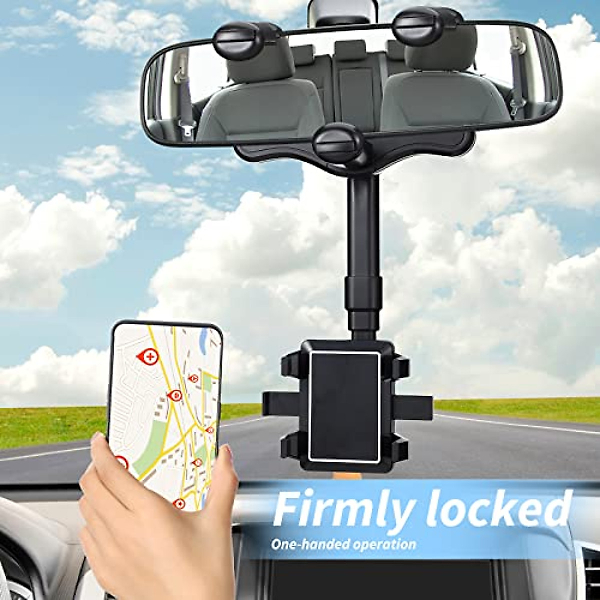 Rearview Mirror Phone Holder for Car, Universal 360° Rotating Rear View Mirror Phone Mount with Adjustable Arm Length, 8 Mask Holder for Car Multifunctional Phone and GPS Holder for Most Smartphones