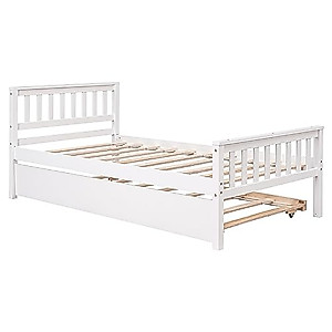 HomSof Twin Trundle, Platform Bed Frame with Headboard and Footboard,for Bedroom Small Living Space, White