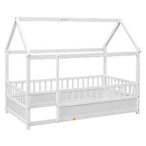 Twin Size Floor Montessori Bed for Kids, Wooden Twin House Floor Bed Frame with Rails Fence, Kids Twin Floor Bed Playhouse Bed Frame for Girls, Boys, White