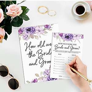 UHADRE Floral How Old were The Bride and Groom Game, Guess The Age Photo Game, Purple Bridal Shower Wedding Shower Game (1 Sign and 30 Cards)-BNG30