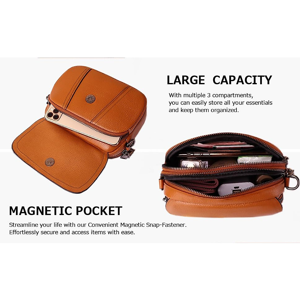 Genuine Leather Purses for Women Trendy Crossbody Bags Small Clutch Purse Shoulder Stachel Handbag Camera Bag, Brown