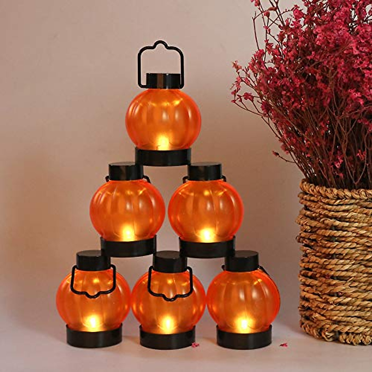 IMAGE Flickering Pumpkin Lantern Tea Lights 12 Pack Flickering LED Pumpkin Lights with Battery Operated Flameless Pumpkin Tealight Candles for Halloween, Christmas, Thanksgiving and Theme Parties