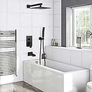 Cinwiny Matte Black Bathroom Shower System 10 Inch Rainfall Shower Head with Handheld Spray Wall Mount Waterfall Tub Spout Shower Faucet Set Rough-in Valve 3 Function Mixer Shower Faucet