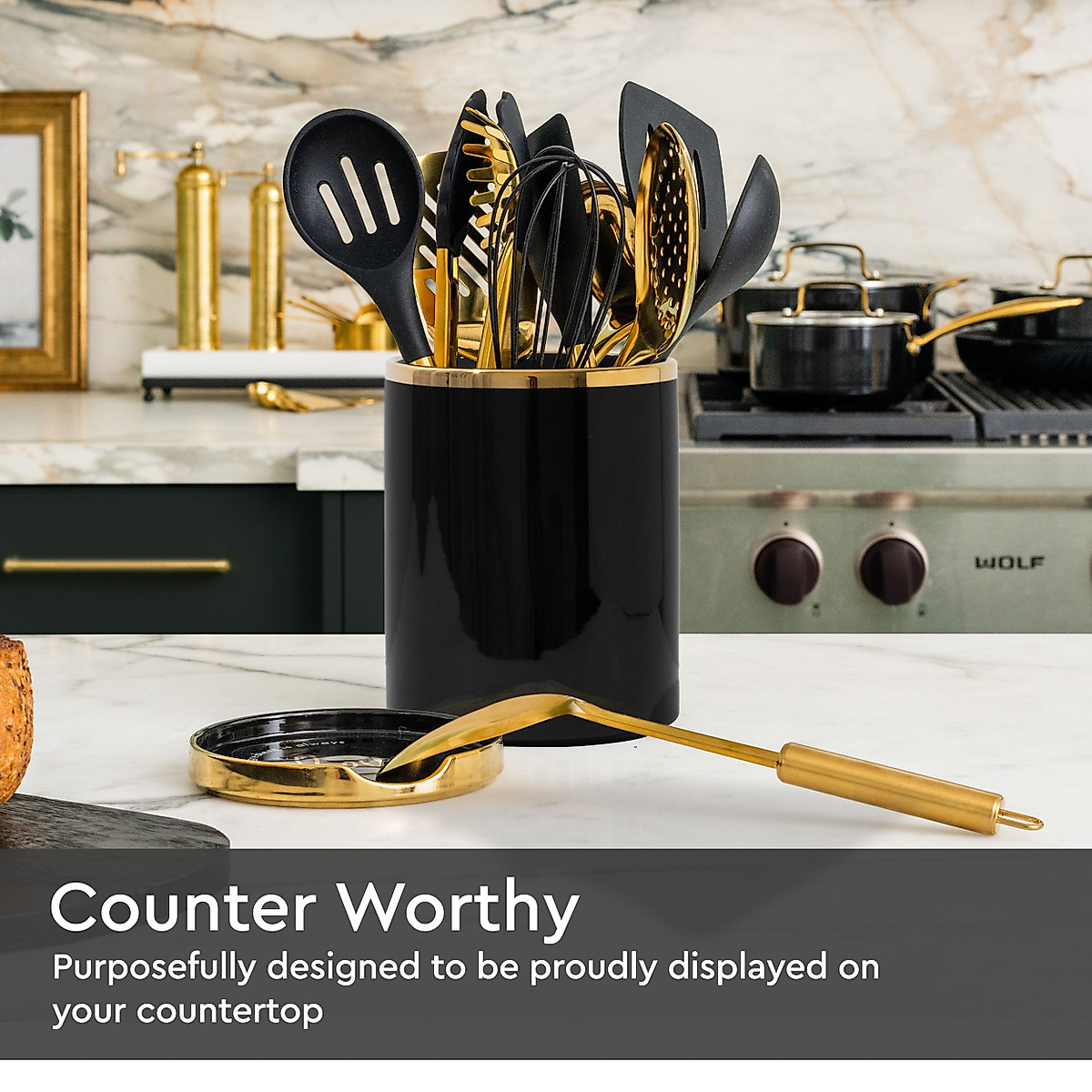 Black and Gold Knife Set with Block Self Sharpening, Black Utensil Holder with Built-In Ceramic Spoon Rest and Gold Cooking Utensils Set-21 Piece Luxe Black and Gold Kitchen Accessories