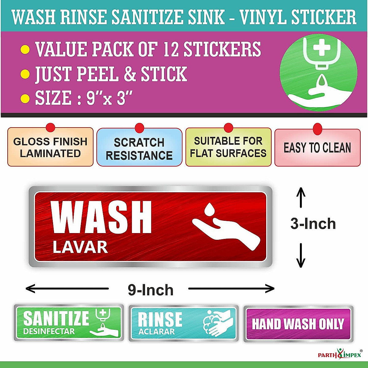 Wash Rinse Sanitize Sink Labels - (Pack of 12) 9"x3" Large Hand Wash Only Sign for 3 Compartment Sink Commercial Kitchens Vinyl Sticker