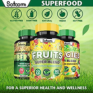 3 Packs - 90 Vegan Capsules Fruits and Veggies Supplement and Fiber & Spice - Extract for Skin, Hair, Nail, Immune, Digestion & Energy Support - 59in1 with Apple, Grape, Carrot, Broccoli & More