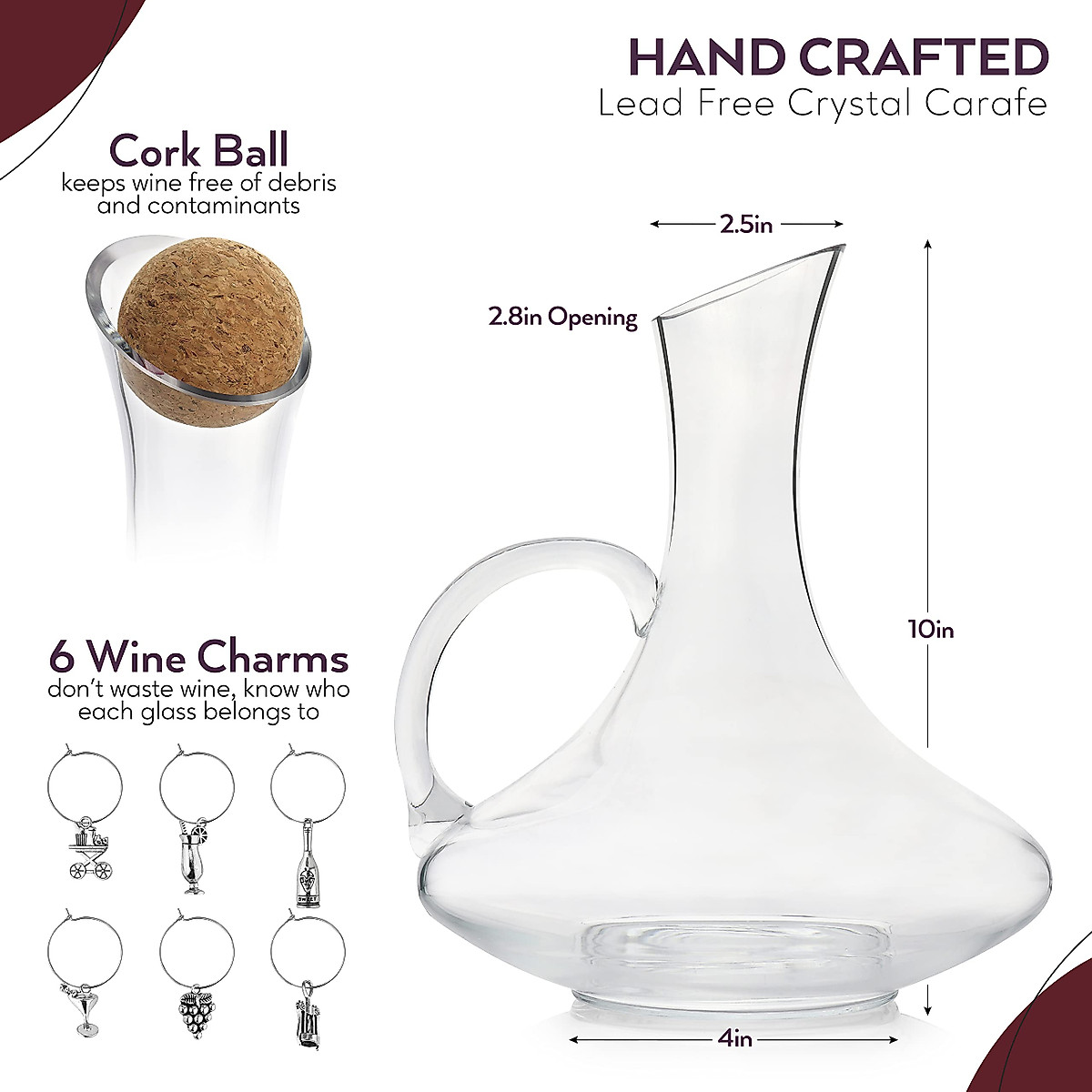 Red Wine Decanter Set 750 mL Large Glass Vase Wine Gifts, Beside Carafe A Wine Bar Cart Accessories & Wine Accessories, Wine Holder Glass Carafe Copas De Vino De Cristal Elegante Wine Dispenser Pourer