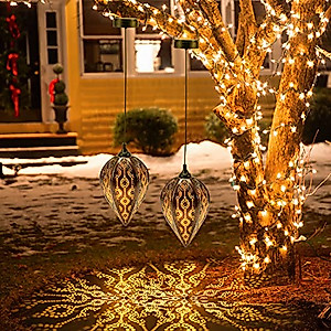 Solar Outdoor Lights Lanterns Waterproof - OxyLED 2 Pack Hanging Decorative Metal Lamps with Pattern for Outside Patio Tree Garden Yard Front Porch Backyard Pathway Christmas Decor Decorations Gifts