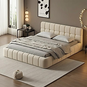 DNYN Full Size Upholstered Platform Bed with Thick Fabric for Kids/Adults,Solid Wood Bedframe w/Wood Slat Support for Small Space,Bedroom,Apartment,Easy Assembly & No Box Spring Needed, Beige