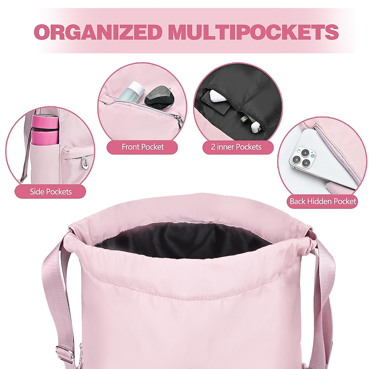 BAVELOE Drawstring Backpack with Wet Pocket Gym Backpack Water-Resistant Cinch String Bag Beach Swim for Women Men（Pink）