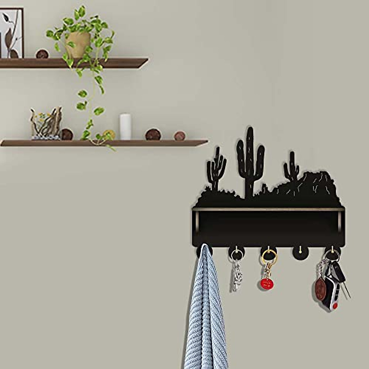 The Geeky Days Cliffs Cactus Key Holder for Wall, Desert Plant Wooden Wall Mounted Hat Coat Rack with Mail Medal Organizer Shelf, 5 Metal Hooks Hanger, for Closet Door Hanging Rustic Home Decor