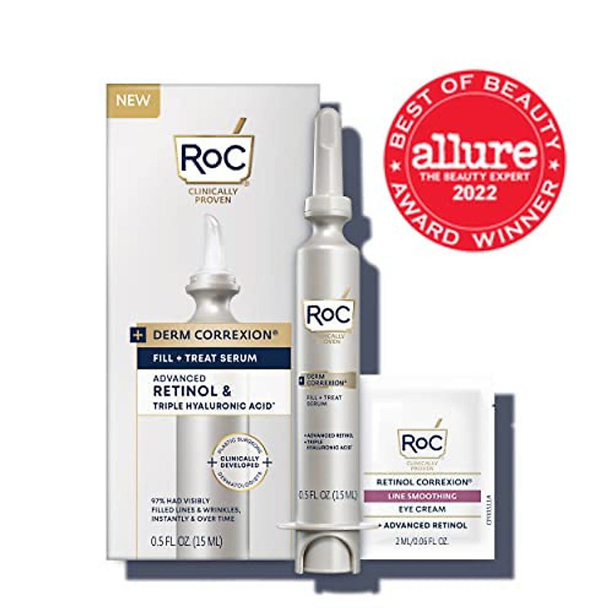 RoC Derm Correxion Fill + Treat Advanced Retinol Serum, Wrinkle Filler Treatment with Hyaluronic Acid for Forehead Wrinkles, Crow's Feet, Eleven Wrinkles, and Laugh Lines, 15ml