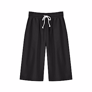 SMIDOW Jean Shorts with Rhinestone Fringe Shorts for Women Bermuda Cotton Linen Knee Length Drawstring Pocket Shorts Pants Solid Long Shorts Below The Knee Black XL