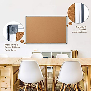 4 THOUGHT Cork Bulletin Board Large Big, 48 x 36 Inches Framed Push Pin Corkboard for Wall, Notice Memo Board with Silver Aluminium Frame for Display and Organize, 4 x 3 Feet, 10 Push Pins Included