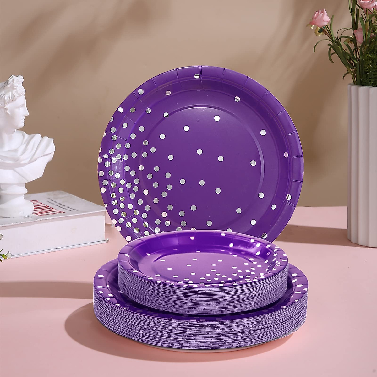 Gudvilla 200PCS Purple Party Decorations Purple Plates and Napkins Party Supplies Silver Dot Disposable Party Dinnerware for Birthday,Graduation,Baby Shower,Bridal Shower Serves 50 Guests