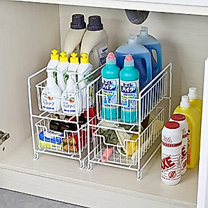 SUFAUY 2 Pack Stackable 2-Tier Under Sink Cabinet Organizer with Sliding Drawer for Pantry Organization or Kitchen Storage, White