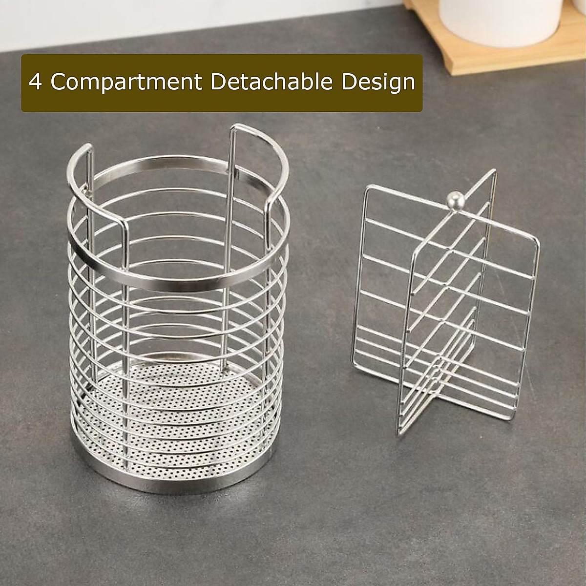 BESSKON Kitchen Utensil Holder for Countertop, 4 Compartment Stainless Steel Cooking Utensils Holder for Spatula, Spoon and Fork, Cutlery Silverware Caddy Party Picnic Flatware Holder 4.1" x 6.2"