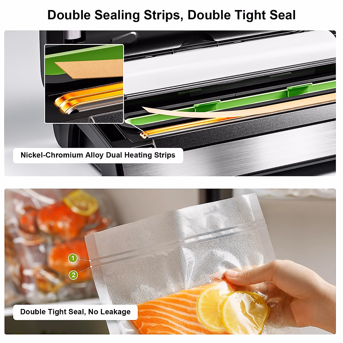 Gasbye Vacuum Sealer Machine, 90kPa Food Sealer with Double Heat Seal for Dry/Moist Food, Easy-lock Handle, Built-in Bag Storage & Cutter, Progress Display, Removable Drip Tray, Silver