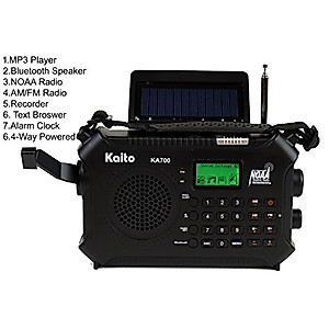Kaito KA700 Bluetooth Emergency Hand Crank Dynamo & Solar Powered AM FM Weather NOAA Band Radio with Recorder and MP3 Player - Rugged Design for Hiking, Camping, Construction Sites, Etc. (Black)