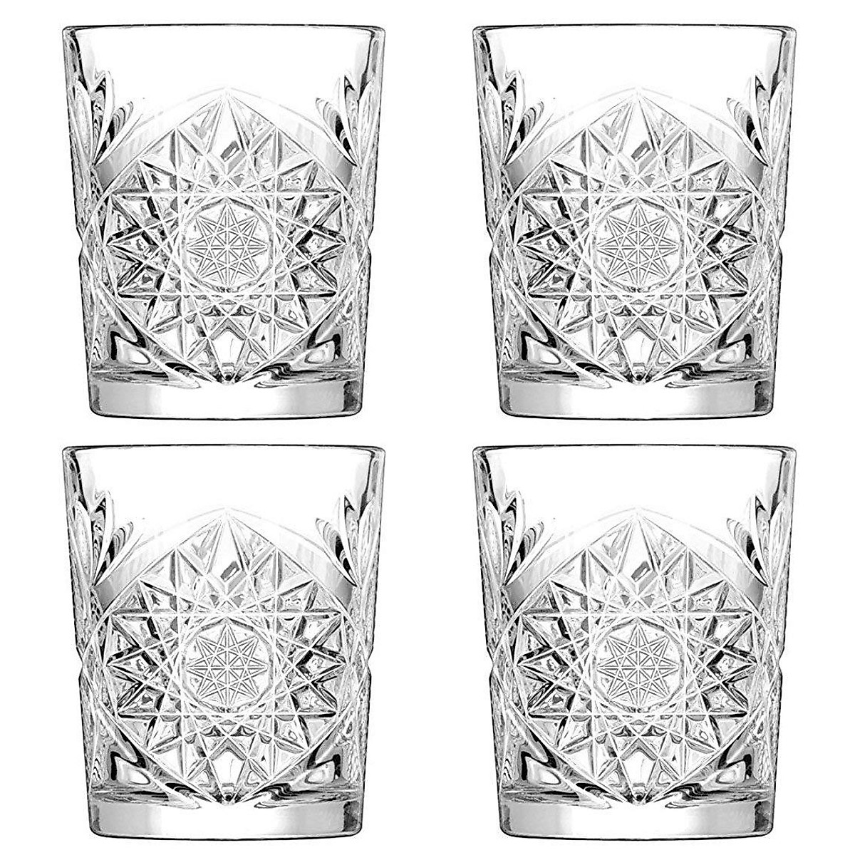 Hobstar Double Old Fashioned Glasses 12oz / 340ml - Set of 4 - Vintage Cut Glass Whisky Tumblers by Libbey