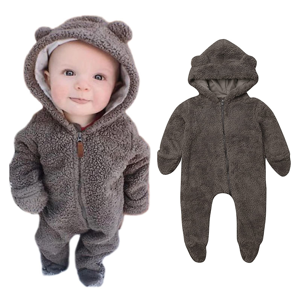 LXXIASHI Newborn Infant Unisex Baby Thicken Fleece Coveralls Romper Hooded Footies Bunting Snowsuit Outfit (Brown, 12-18 Months (New)