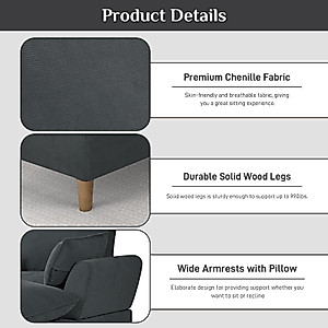 Wrofly L-Shaped Sectional Sofa Couch, 94" Comfy Chenille Deep Seat Cloud Couch with Convertible Ottoman & 2 Pillows, Modern Oversized 3 Seater Sleeper Sofa Set for Living Room Office, Dark Grey