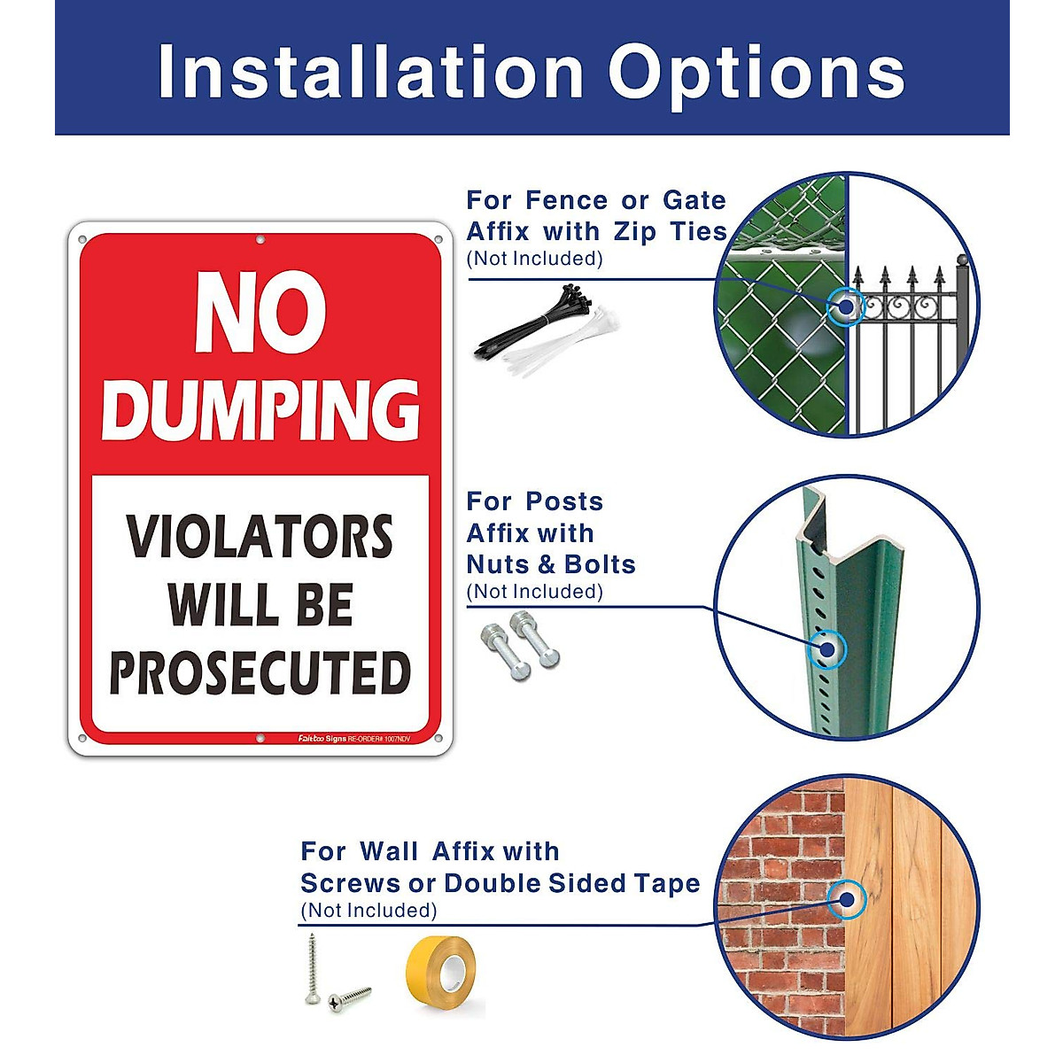 (2 Pack) No Dumping Sign, Violators Will Be Prosecuted Sign, 10" x 7" Rust Free .40 Aluminum, UV Protected, Weather Resistant, Waterproof, Durable Ink，Easy to Mount