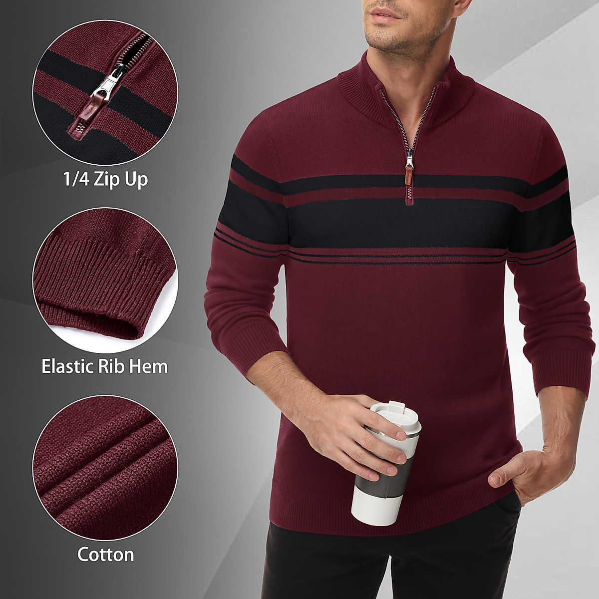 MAGNIVIT Men's Stand Collar Pullover Casual Long Sleeve Knitted Sweater Mens Mock Neck Sweater Wine Red L