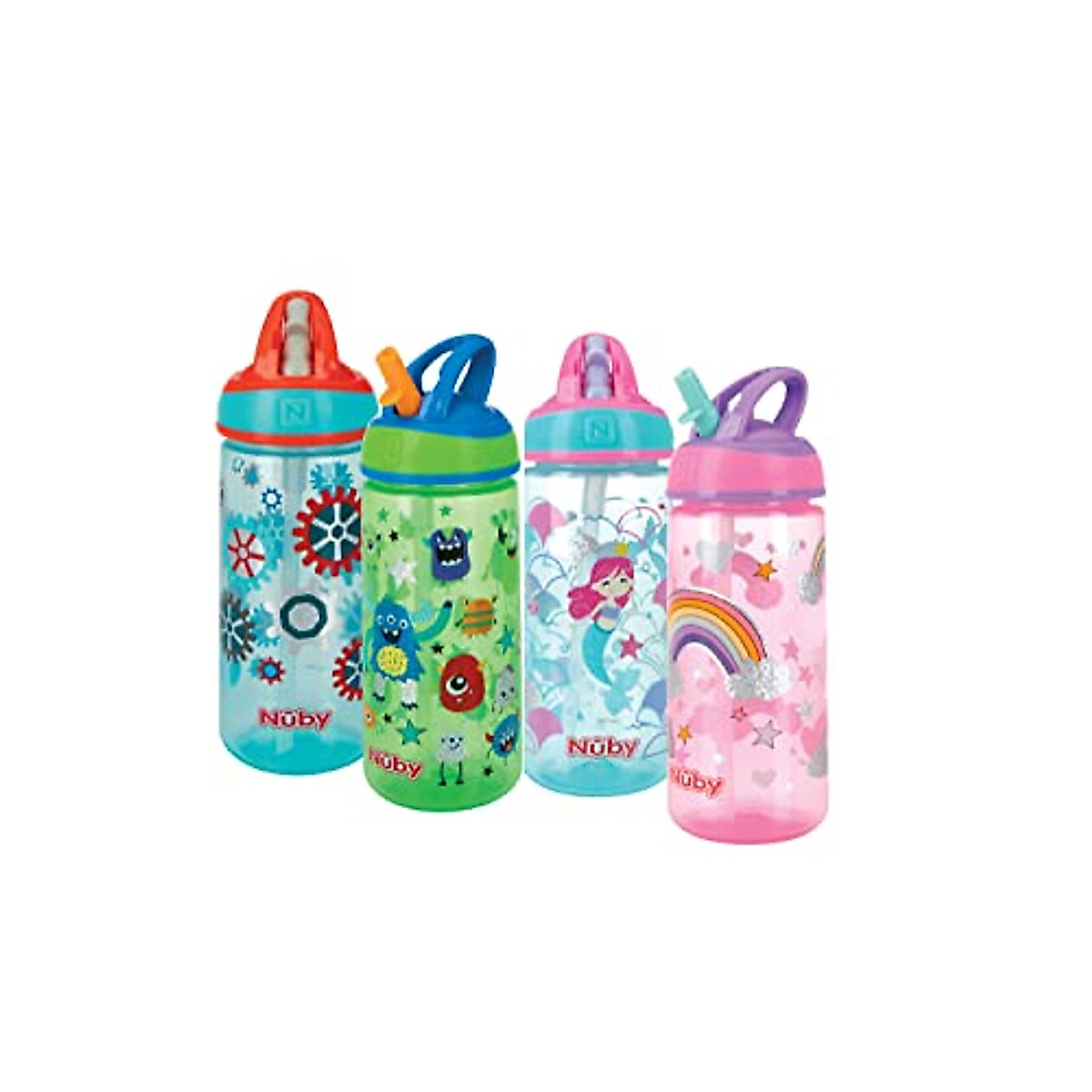 Nuby 2 Pack Iridescent Flip-it Kids On-The-Go Printed Water Bottle with Bite Proof Hard Straw - 18oz / 540 ml, 18+ Months, 2 pk Prints May Vary