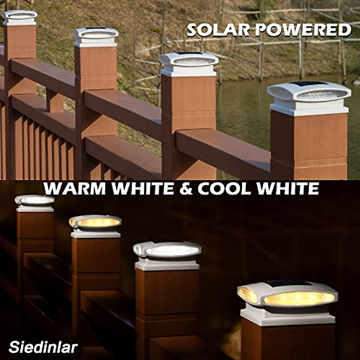 SIEDiNLAR Solar Post Cap Lights Outdoor, 2 Modes 24 LED Powered Fence Deck Light for 4x4 5x5 6x6 Garden Patio Decoration Warm White & Cool White, White (4 Pack)